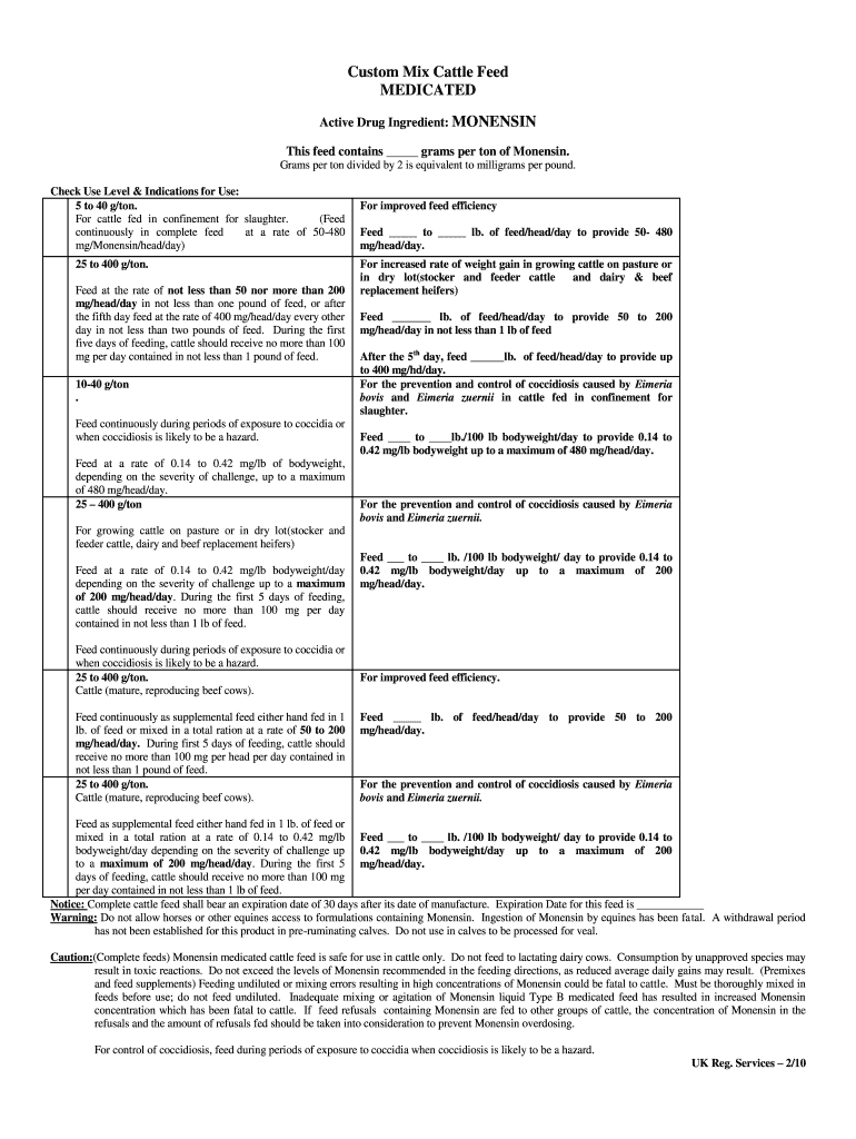 Fillable Online rs uky Custom Mix Cattle Feed MEDICATED MONENSIN - rs ...