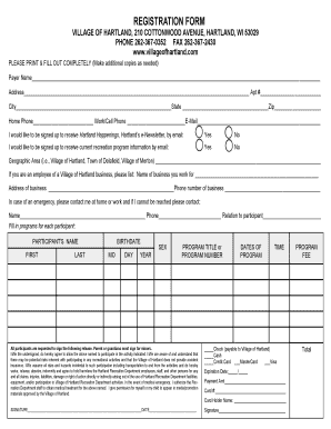 Fillable Online REGISTRATION FORM - Village of Hartland WI Fax Email Print - pdfFiller