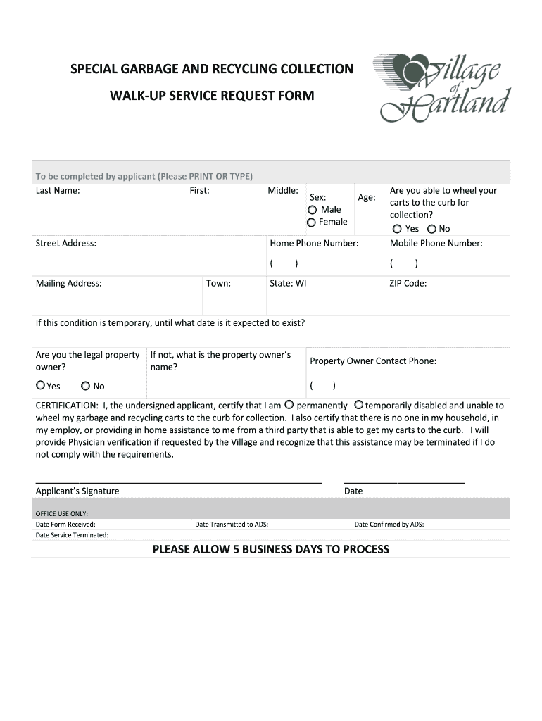 Fillable Online SPECIAL GARBAGE AND RECYCLING COLLECTION WALK-UP ...