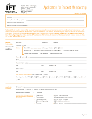 Fillable Online ift Application for Student Membership - IFTorg Fax ...