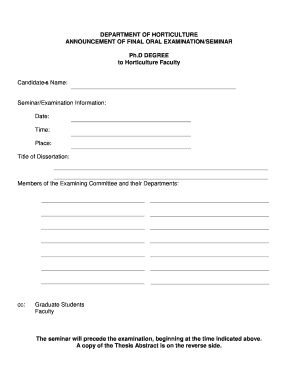 Fillable Online hrt msu ANNOUNCEMENT OF FINAL ORAL EXAMINATIONSEMINAR Fax Email Print - pdfFiller