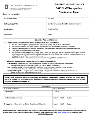 Fillable Online cfaes osu 2015 Staff Recognition Nomination Form I wish to nominate Fax Email ...