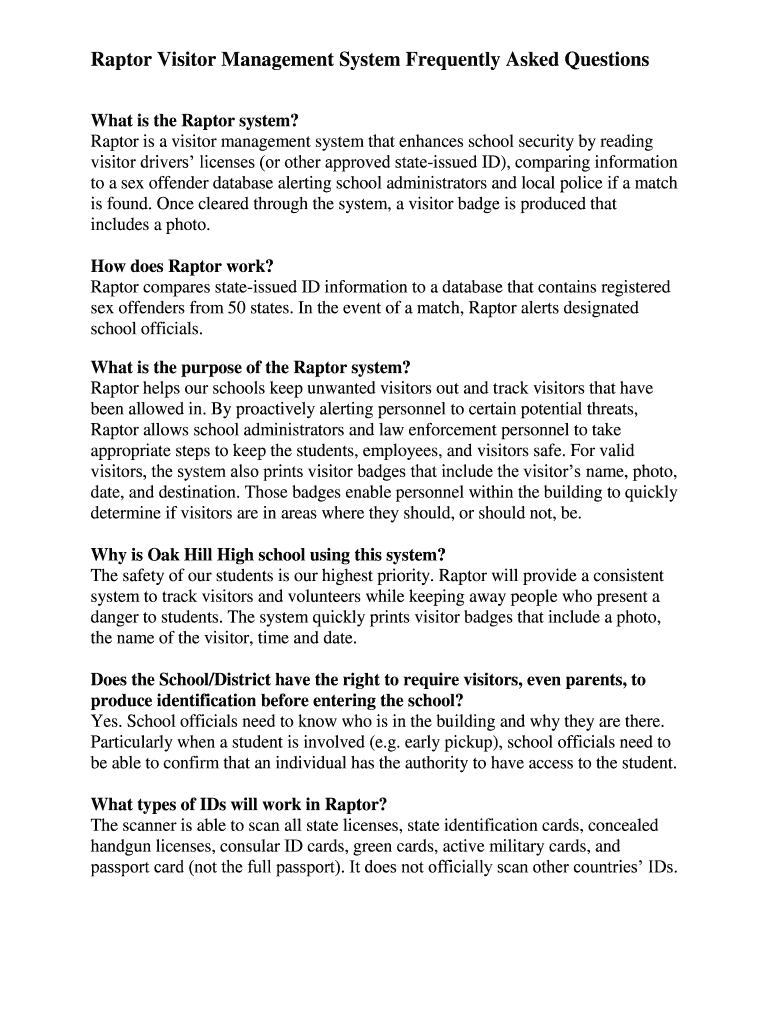 Fillable Online Raptor Visitor Management System Frequently Asked ...