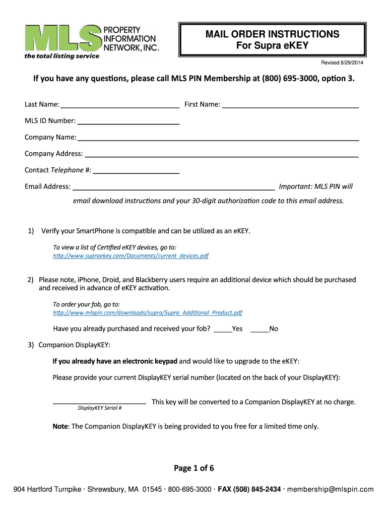 Fillable Online MAIL ORDER INSTRUCTIONS For Supra eKEY - MLS PIN Fax ...