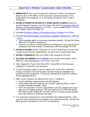Fillable Online Supervisors Workers Compensation Claim Checklist Fax ...