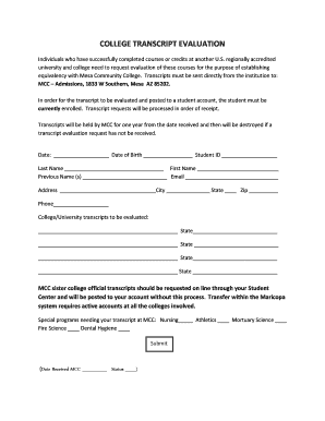 Fillable Online mesacc COLLEGE TRANSCRIPT EVALUATION - Mesa Community ...
