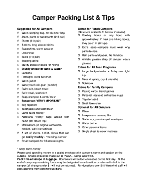 Fillable Online Camper Packing List & Tips Fax Email Print - pdfFiller