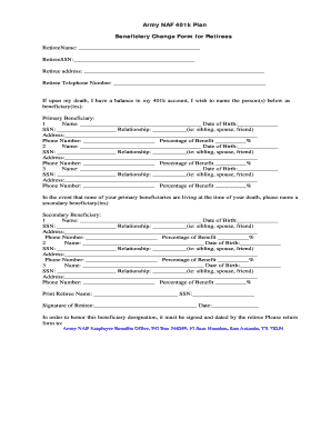 Fillable Online armymwr Army NAF 401k Plan Beneficiary Change Form for ...