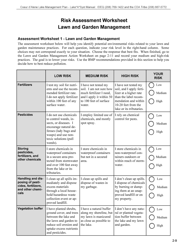 Fillable Online Risk Assessment Worksheet Lawn and Garden Fax Email ...