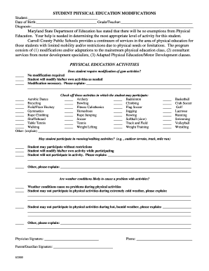 Fillable Online carrollk12 STUDENT PHYSICAL EDUCATION MODIFICATIONS ...
