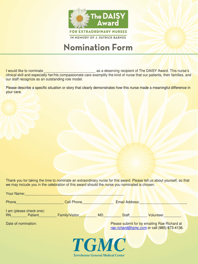 Fillable Online I would like to nominate as a deserving recipient of ...