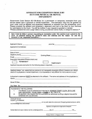Fillable Online aransascountytx AFFIDAVIT FOR EXEMPTION FROM JURY ...