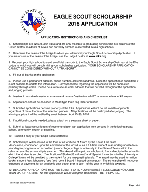 Fillable Online texaselks EAGLE SCOUT SCHOLARSHIP 2016 APPLICATION ...