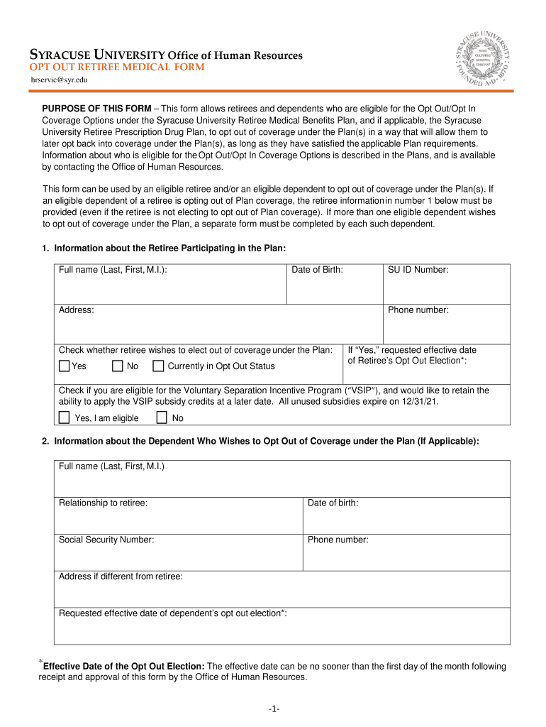Fillable Online humanresources syr Retiree Opt Out Medical Form - Syracuse University Fax Email ...