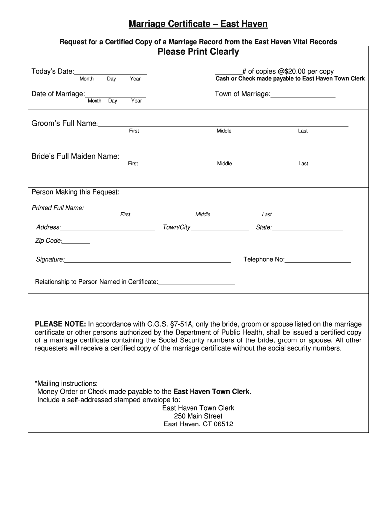 Fillable Online townofeasthavenct Request Copy Marriage Certificate ...