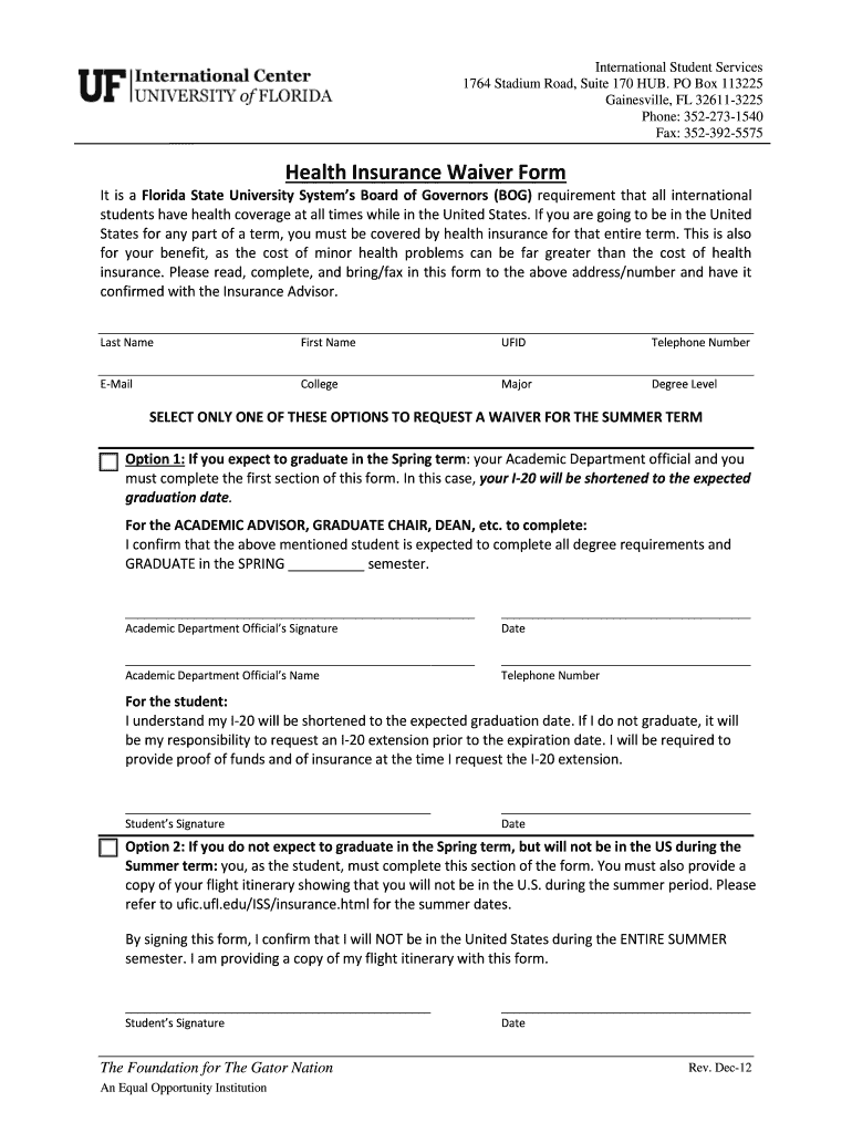 Fillable Online ufic ufl Health Insurance Waiver Form - University of ...