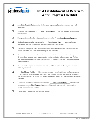 Fillable Online Initial Establishment of Return to Work Program ...