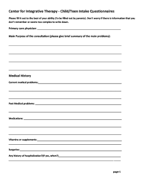 Fillable Online Center for Integrative Therapy - ChildTeen Intake ...