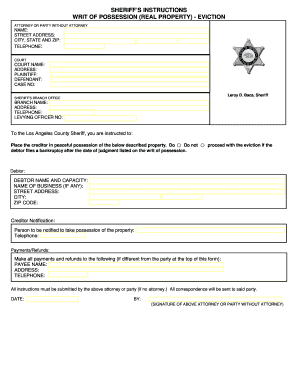 Fillable Online SHERIFFS INSTRUCTIONS WRIT OF POSSESSION REAL PROPERTY ...