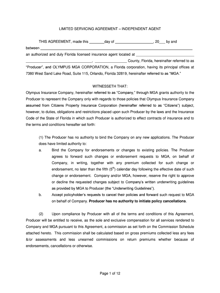 Fillable Online LIMITED SERVICING AGREEMENT INDEPENDENT AGENT WITNESSETH THAT Fax Email Print ...