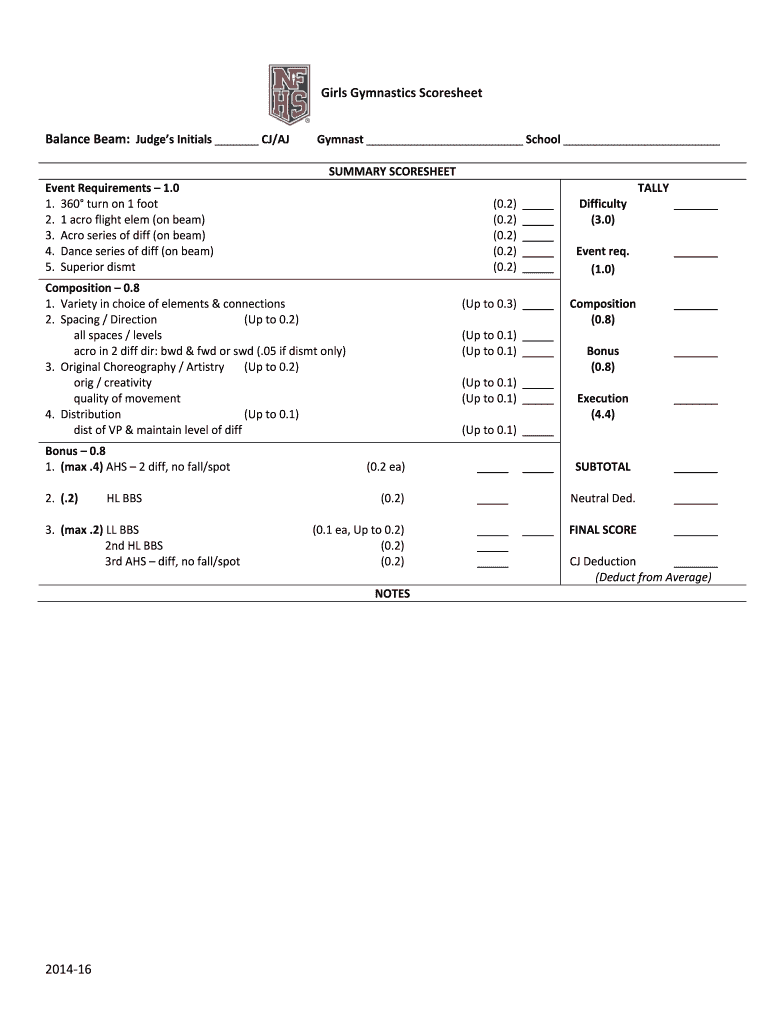 Fillable Online ihsaa Girls Gymnastics Scoresheet Balance Beam CJAJ Fax ...