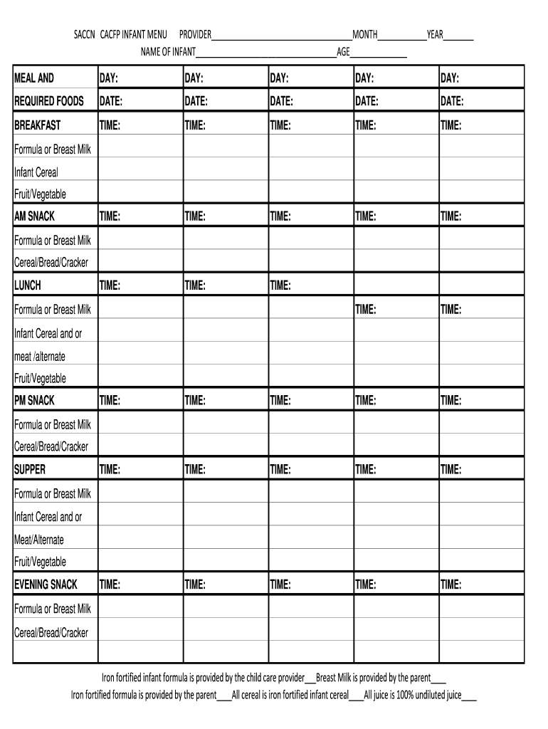 Fillable Online SACCN CACFP INFANT MENU Fax Email Print - pdfFiller