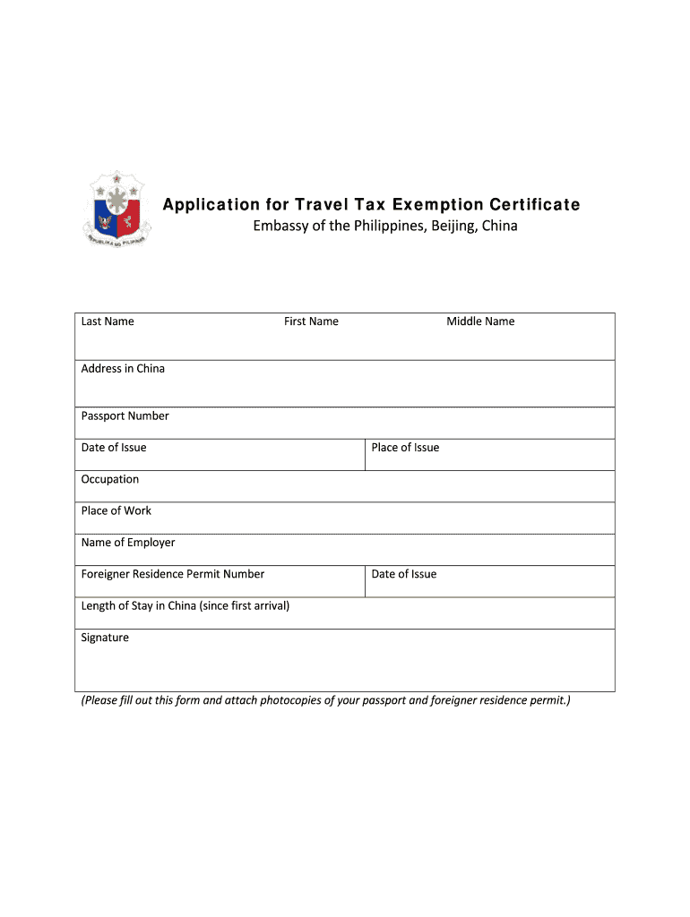 Fillable Online beijingpe dfa gov Application for Travel Tax Exemption ...