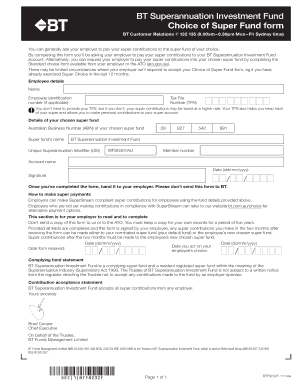 Fillable Online BT Superannuation Investment Fund Choice of Super Fund ...