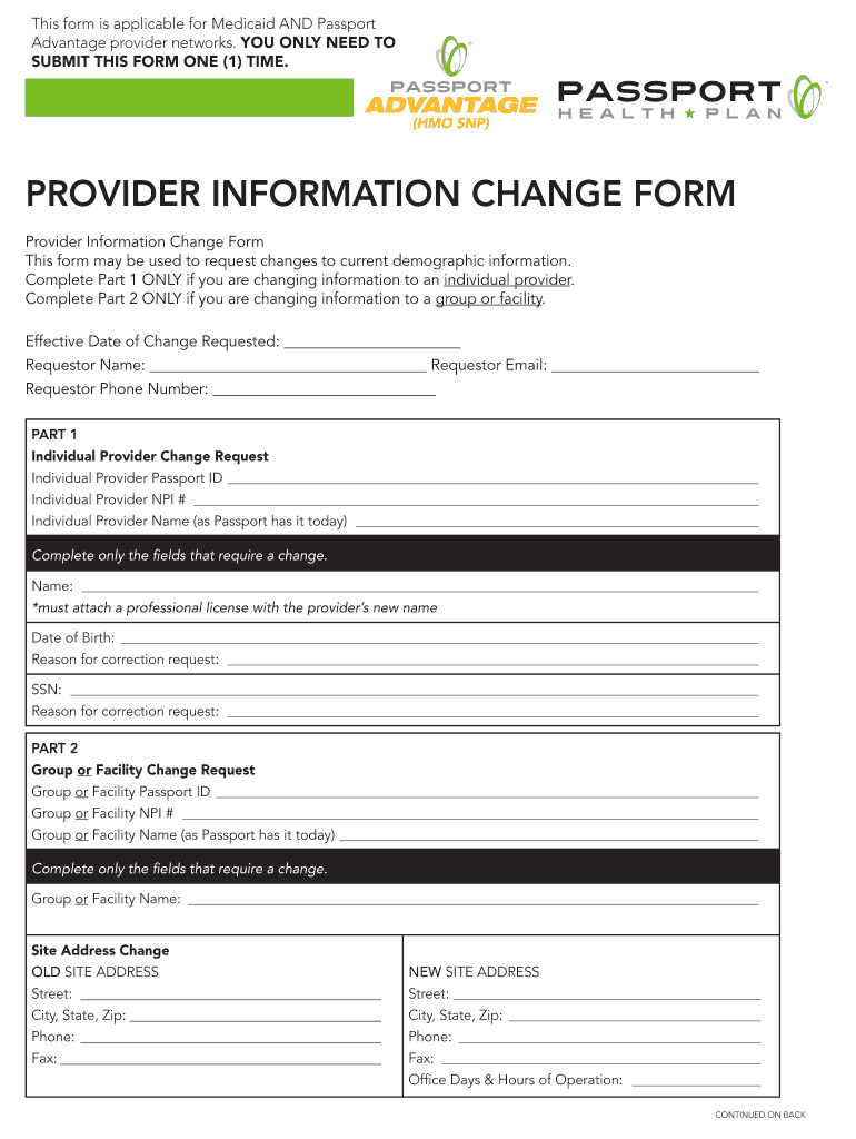 Fillable Online PROVIDER INFORMATION CHANGE FORM - Passport Fax Email ...