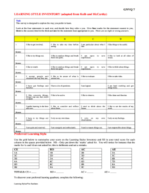 Fillable Online LEARNING STYLE INVENTORY (adapted from Kolb and ...