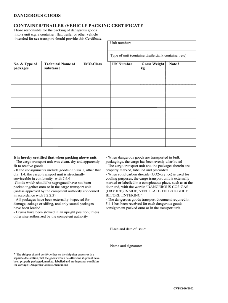 Fillable Online DANGEROUS GOODS CONTAINERTRAILER VEHICLE PACKING ...