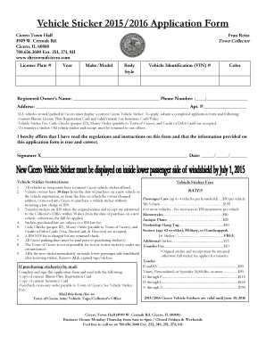 Fillable Online Vehicle Sticker 2015/2016 Application Form Cicero Town ...
