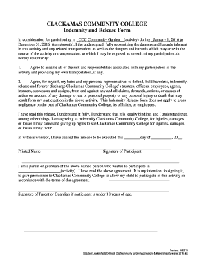Fillable Online clackamas CLACKAMAS COMMUNITY COLLEGE Indemnity and ...