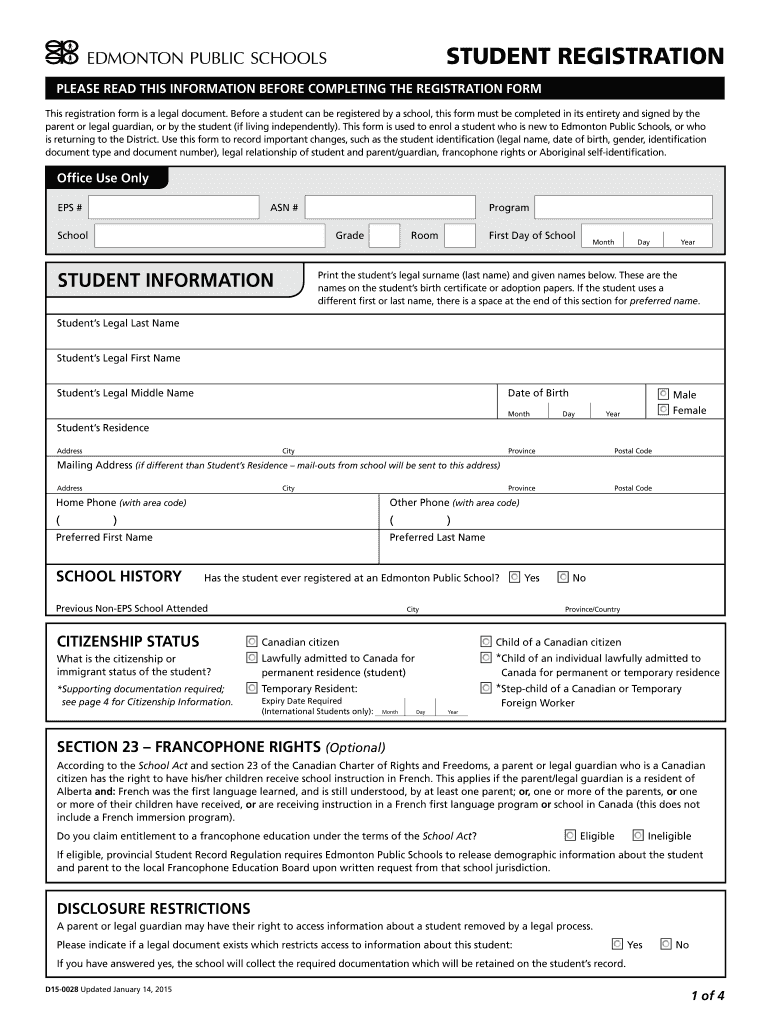 Fillable Online Student Registration Form - bEPSBcab Fax Email Print ...
