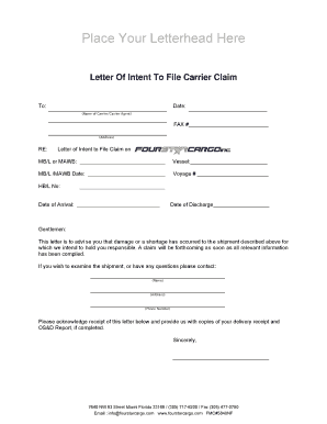 Fillable Online Sample Letter Of Intent To File Claim - Four Star Cargo ...