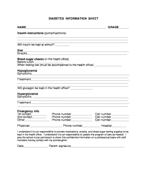 Fillable Online DIABETES INFORMATION SHEET NAME GRADE Fax Email Print ...