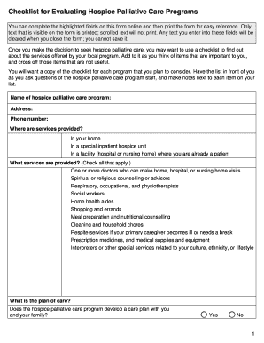 Fillable Online Checklist for Evaluating Hospice Palliative Care ...
