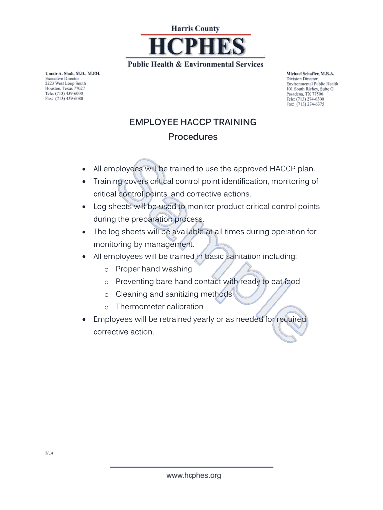 Fillable Online hcphes EMPLOYEE HACCP TRAINING Procedures Fax Email ...