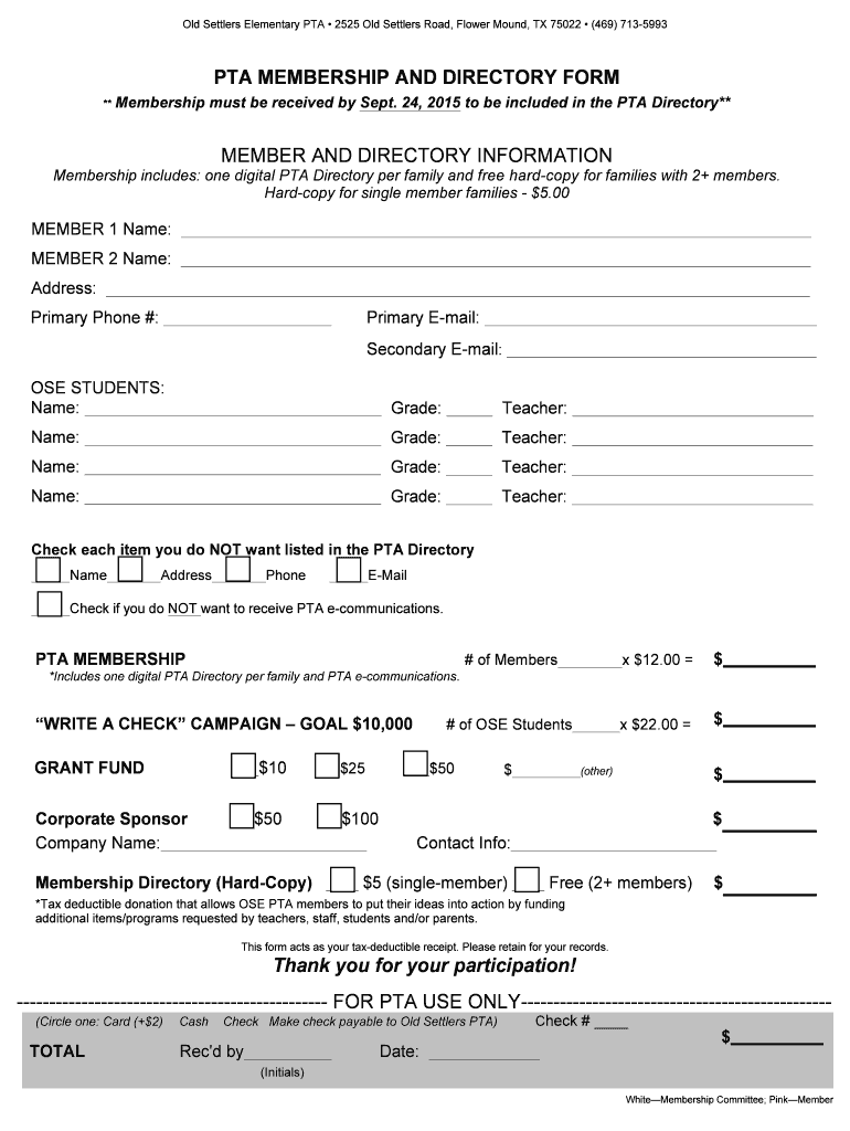Fillable Online oldsettlerselementary my-pta PTA MEMBERSHIP AND ...