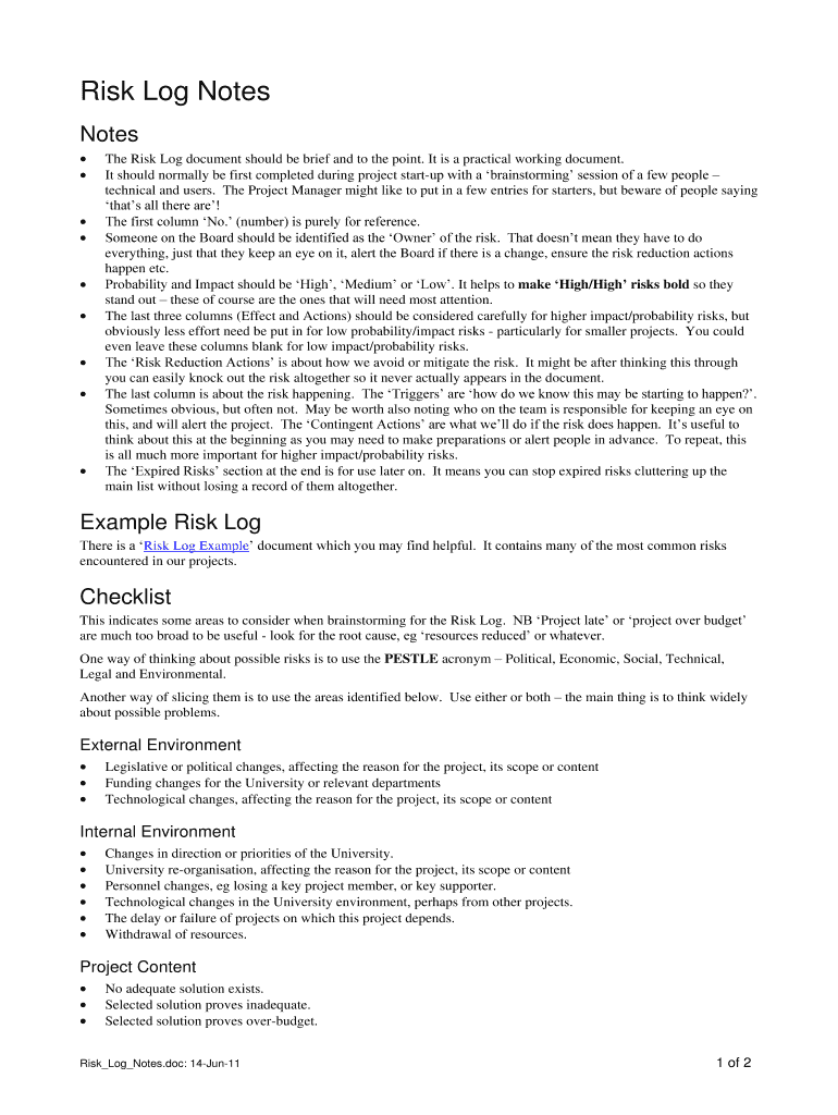 Fillable Online The Risk Log document should be brief and to the point ...