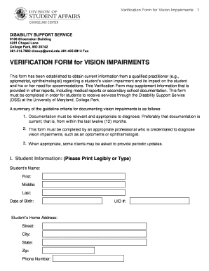 Fillable Online counseling umd VERIFICATION FORM for VISION IMPAIRMENTS ...