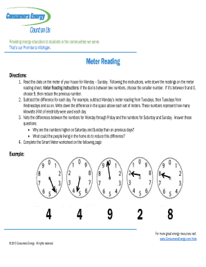 Fillable Online Meter Reading Worksheet - consumersenergycom Fax Email ...