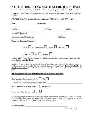 Fillable Online law nyu NYU SCHOOL OF LAW STATE BAR REQUEST FORM Fax Email Print - pdfFiller
