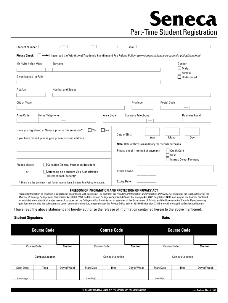 Fillable Online Part-Time Student Registration - Seneca Fax Email Print ...