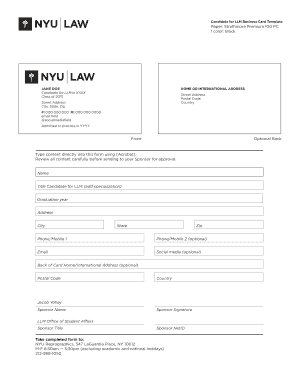Fillable Online law nyu Candidate for LLM Business Card Template Paper ...