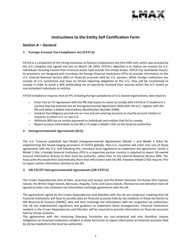 Fillable Online Instructions to the Entity Self Certification Form Fax ...