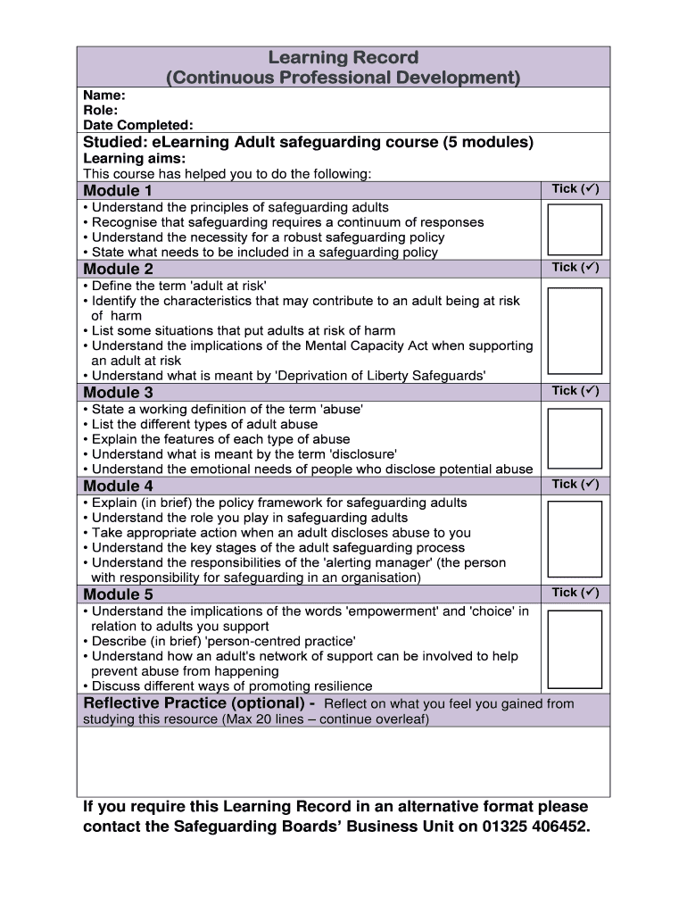 Fillable Online darlington gov Learning Record Continuous Professional ...