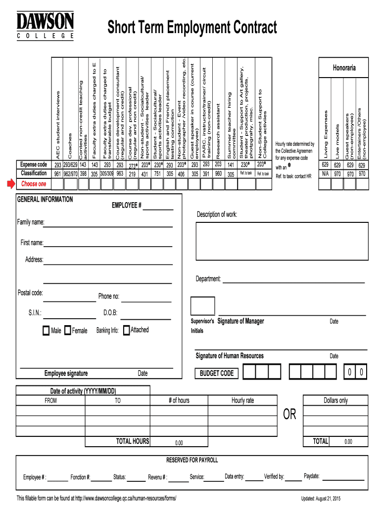 Fillable Online Short Term Employment Contract - Dawson College Fax ...