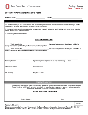 Fillable Online sfa osu 2016-2017 Permanent Disability Form - Ohio ...