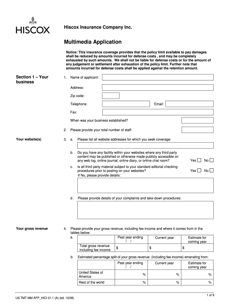 Fillable Online Hiscox Insurance Company Inc - Cooper McCloskey Fax ...